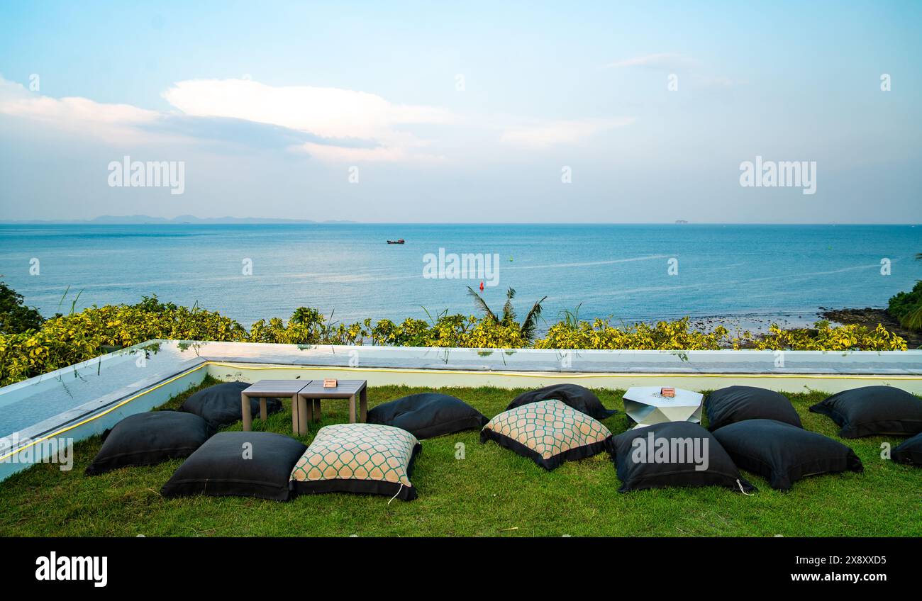 View of rooftop bar at sunset in Cape Panwa beach in Phuket, Thailand ...