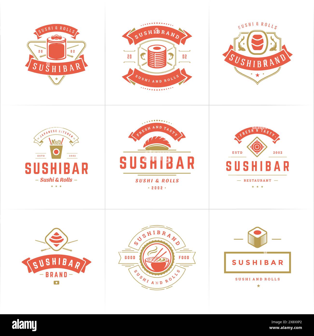 Sushi restaurant logos and badges set japanese food with sushi salmon ...