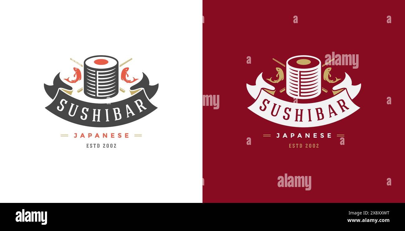 Sushi logo and badge japanese food restaurant with sushi and salmon ...