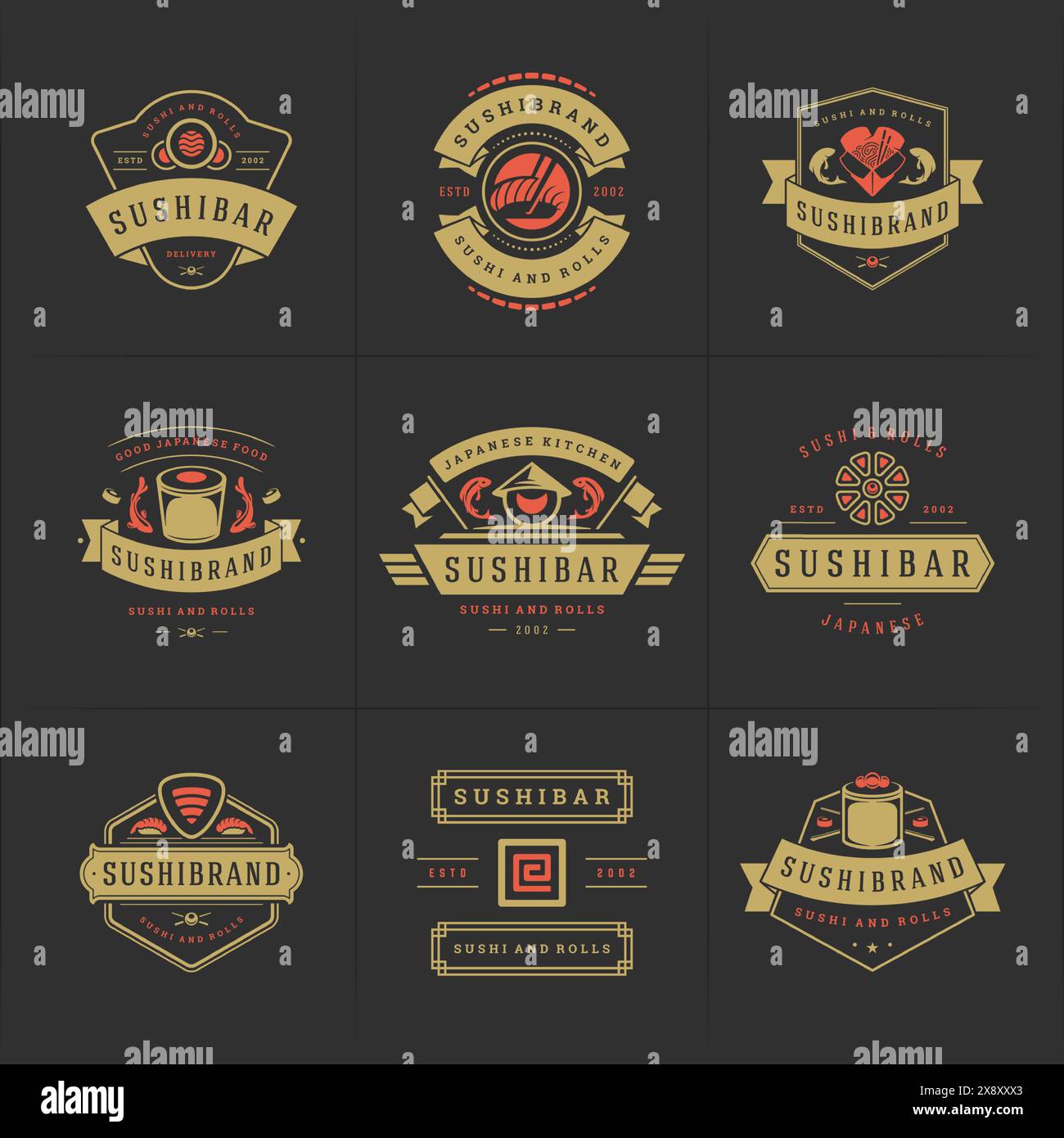 Sushi restaurant logos and badges set japanese food with sushi salmon ...