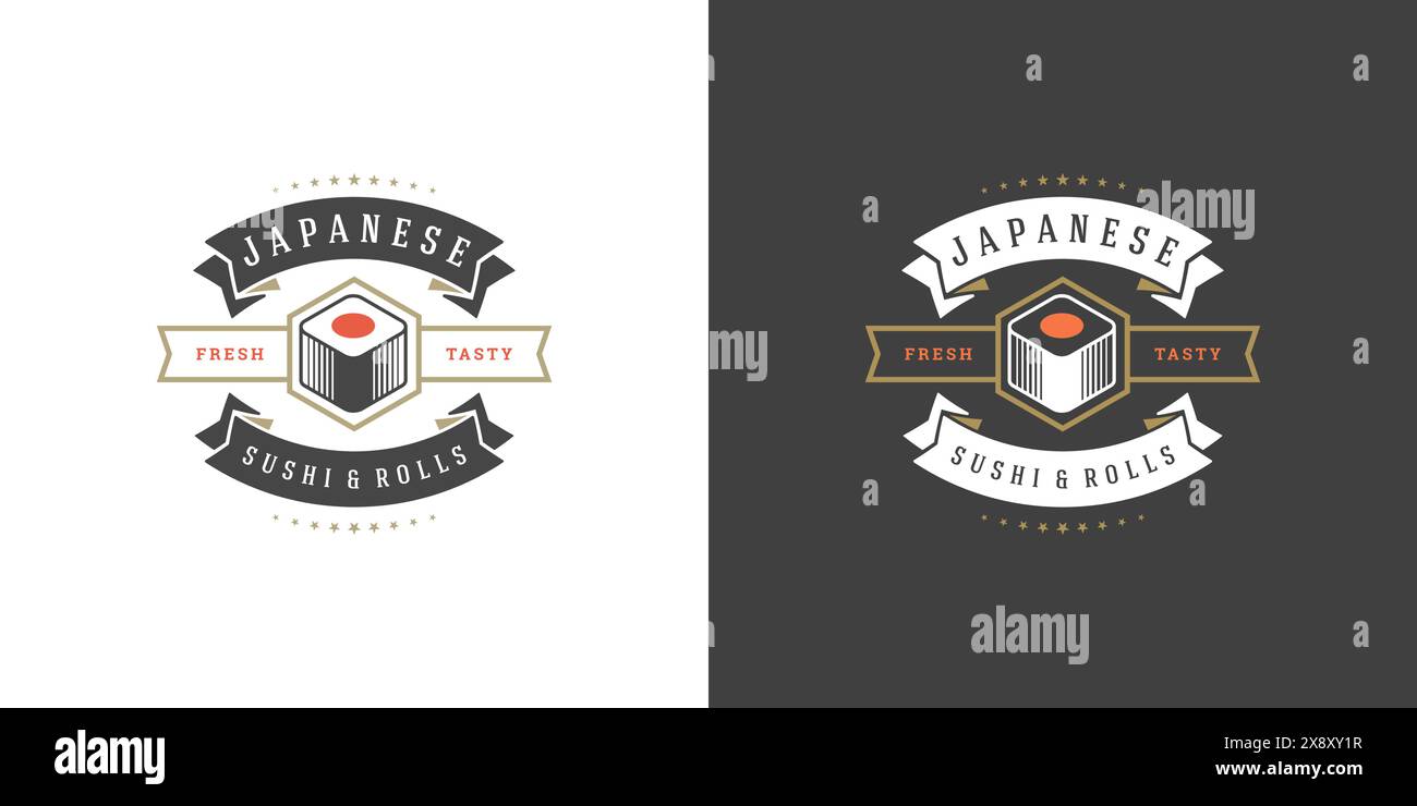 Sushi logo and badge japanese food restaurant with sushi salmon roll ...