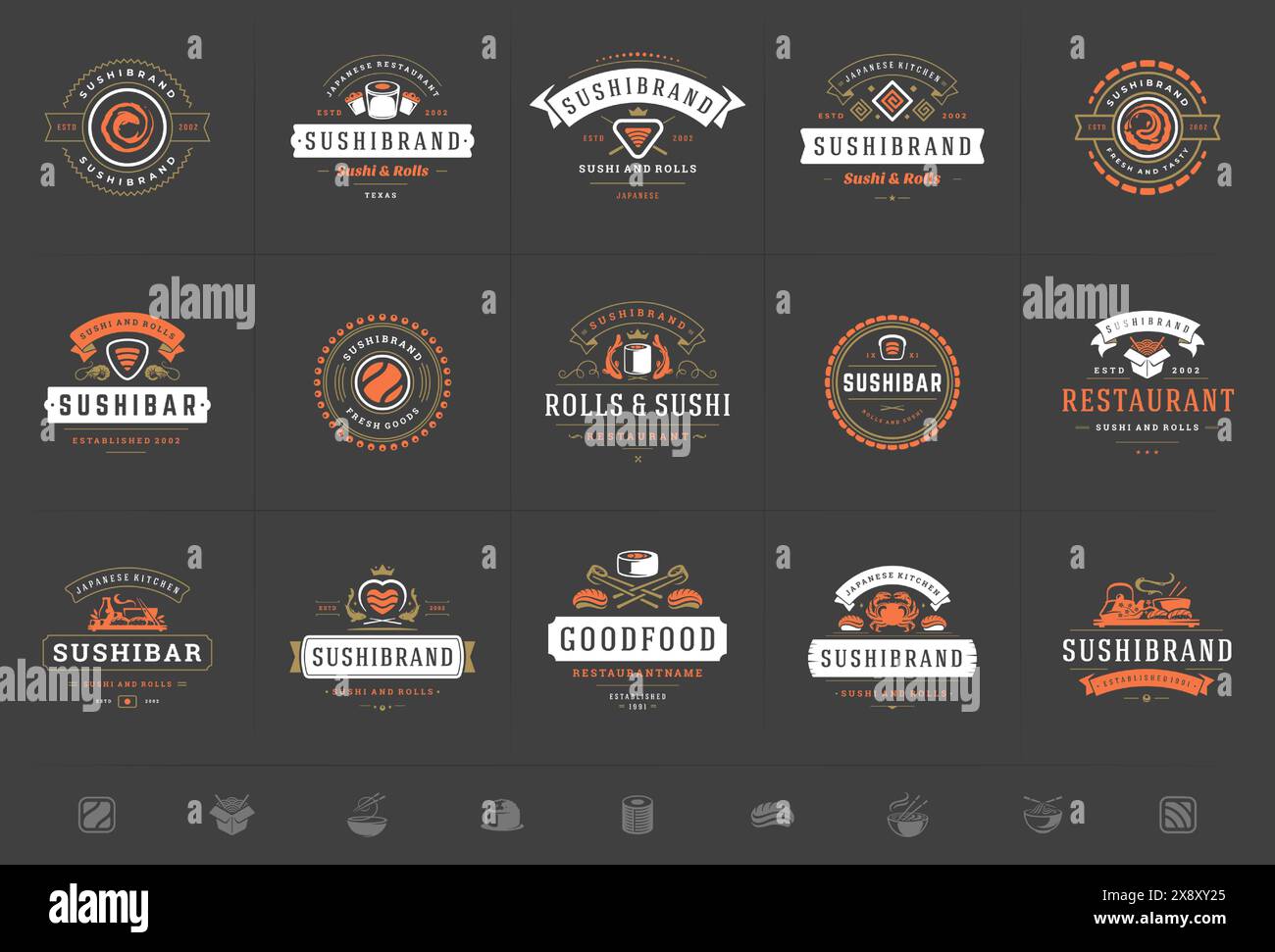 Sushi restaurant logos and badges set japanese food with sushi salmon ...