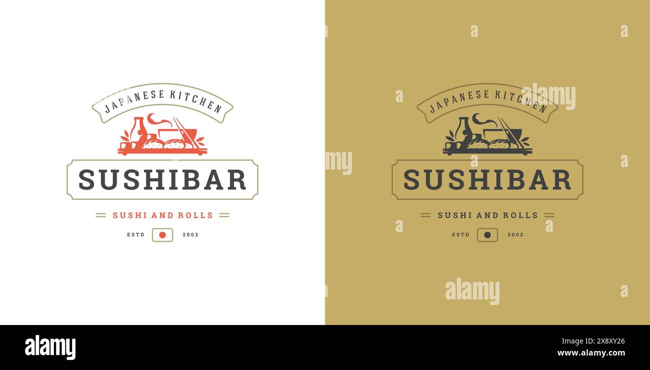 Sushi logo and badge japanese food restaurant with salmon sashimi asian ...