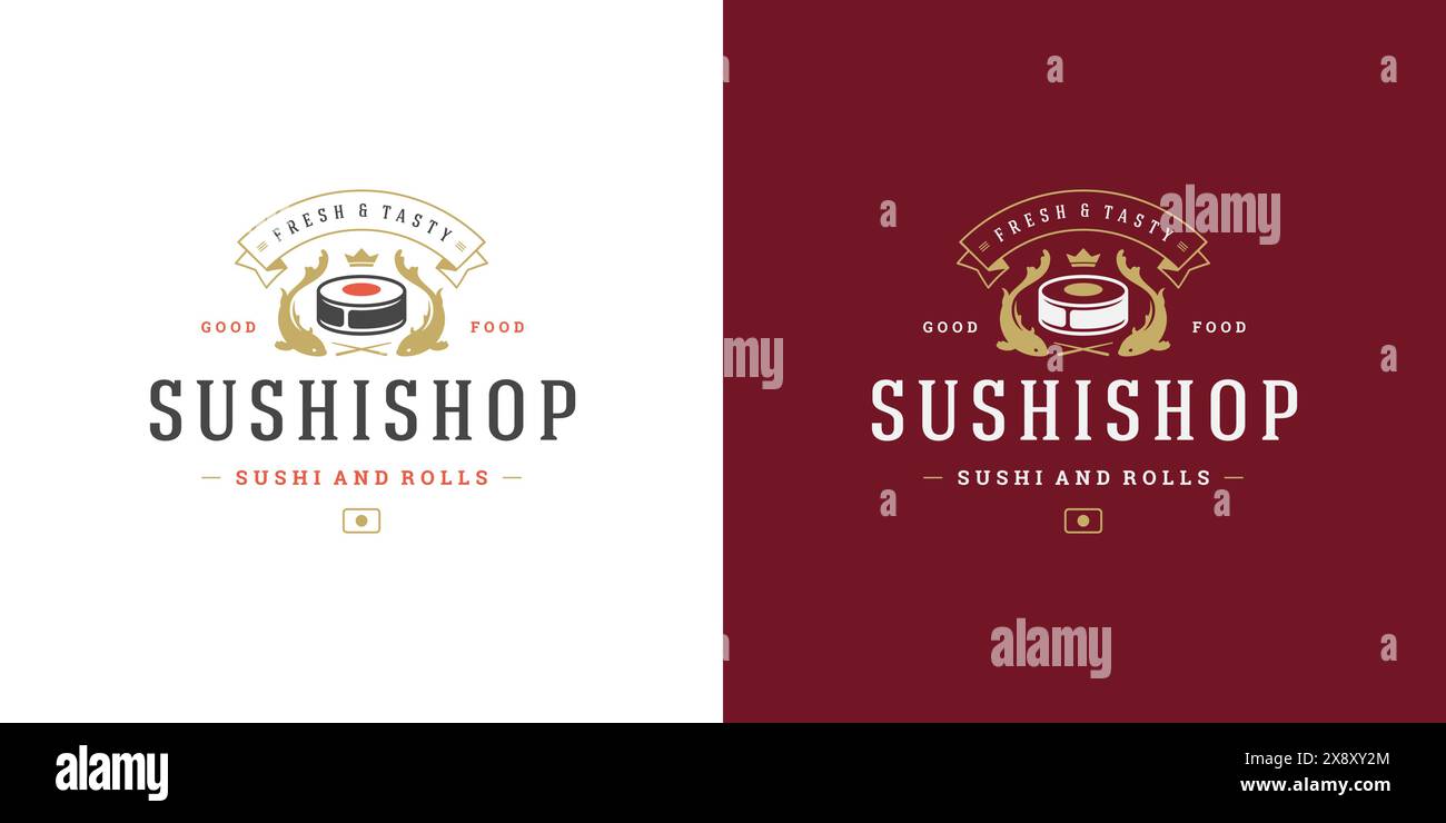 Sushi logo and badge japanese food restaurant with sushi salmon roll ...