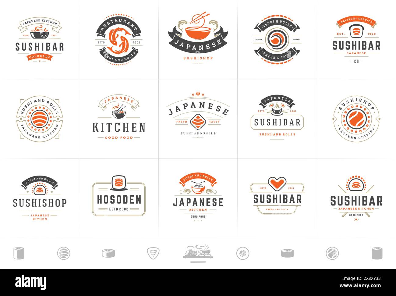 Sushi restaurant logos and badges set japanese food with sushi salmon ...