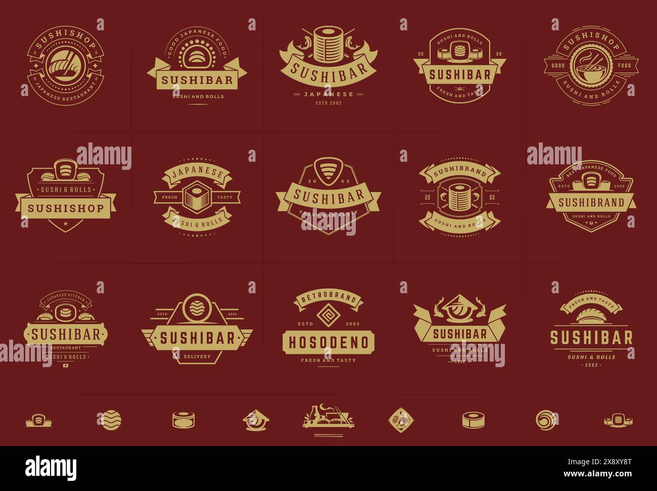 Sushi restaurant logos and badges set japanese food with sushi salmon ...