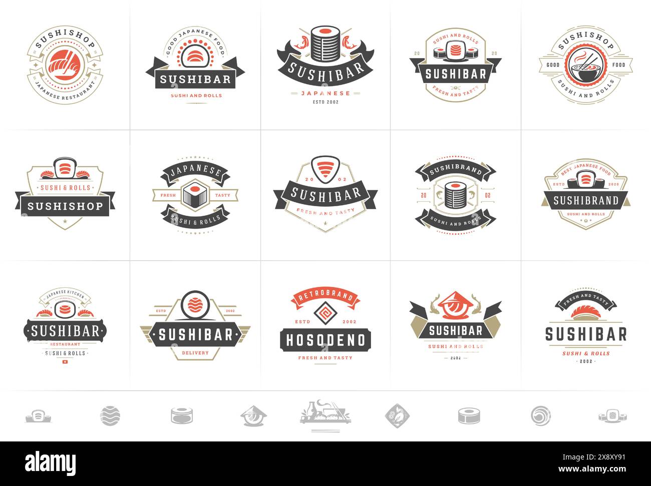 Sushi restaurant logos and badges set japanese food with sushi salmon ...