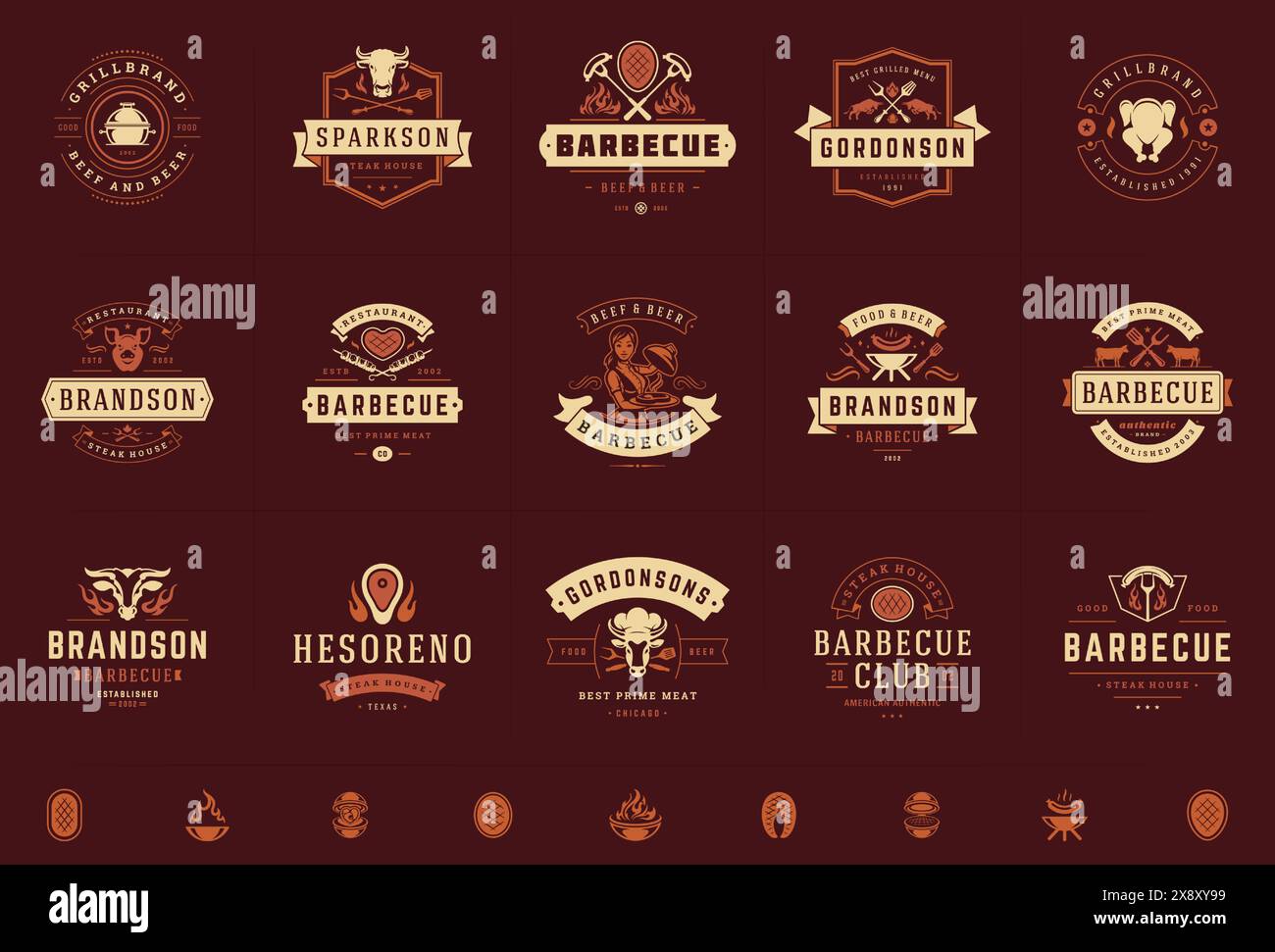 Grill and barbecue logos set vector illustration steak house or ...