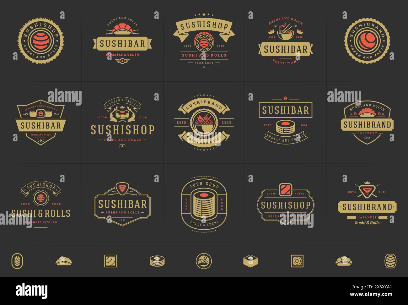 Sushi restaurant logos and badges set japanese food with sushi salmon ...