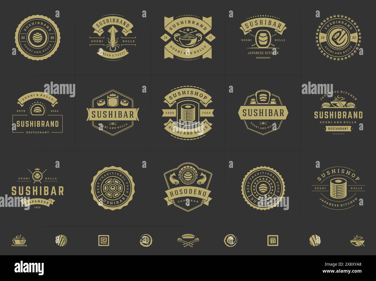 Sushi restaurant logos and badges set japanese food with sushi salmon ...