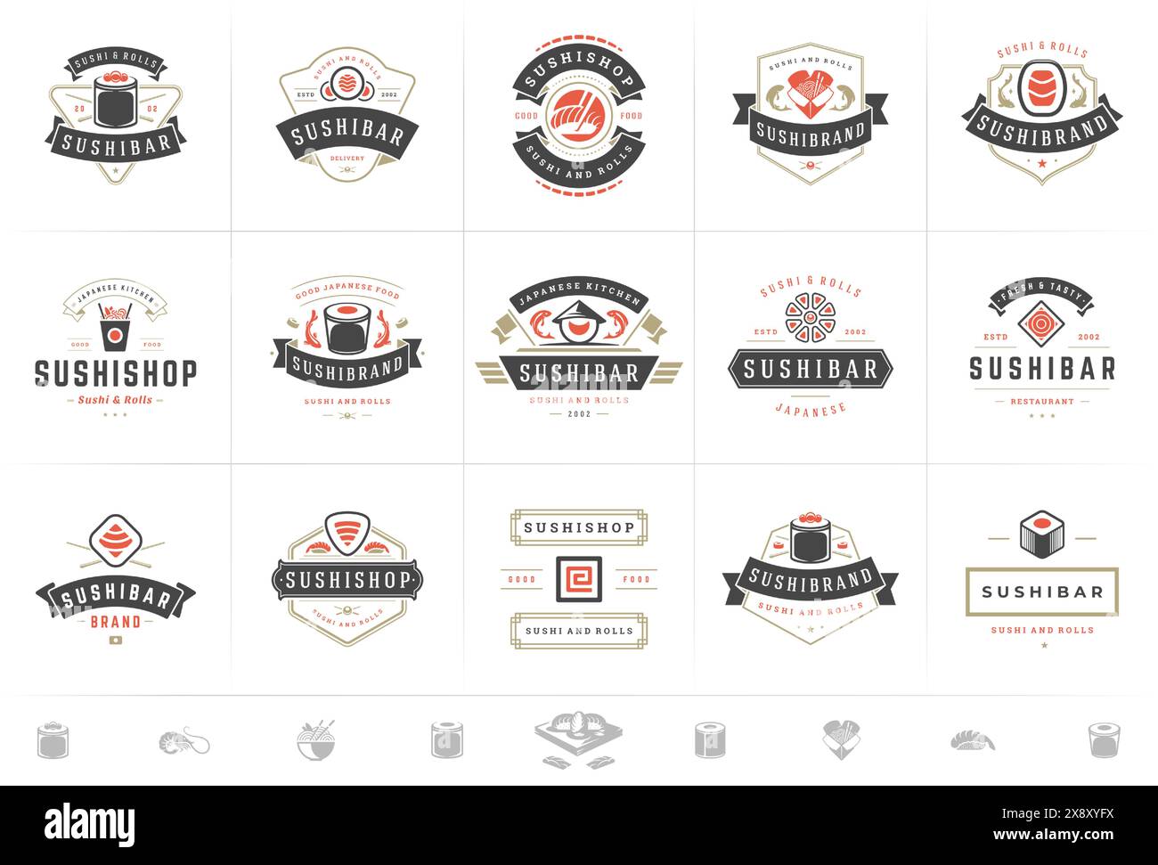 Sushi restaurant logos and badges set japanese food with sushi salmon ...