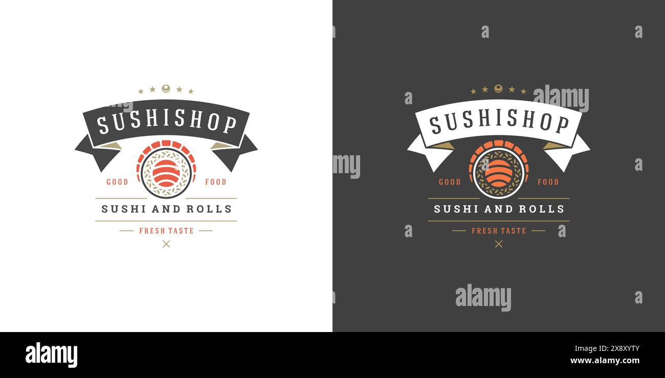 Sushi logo and badge japanese food restaurant with sushi salmon roll ...