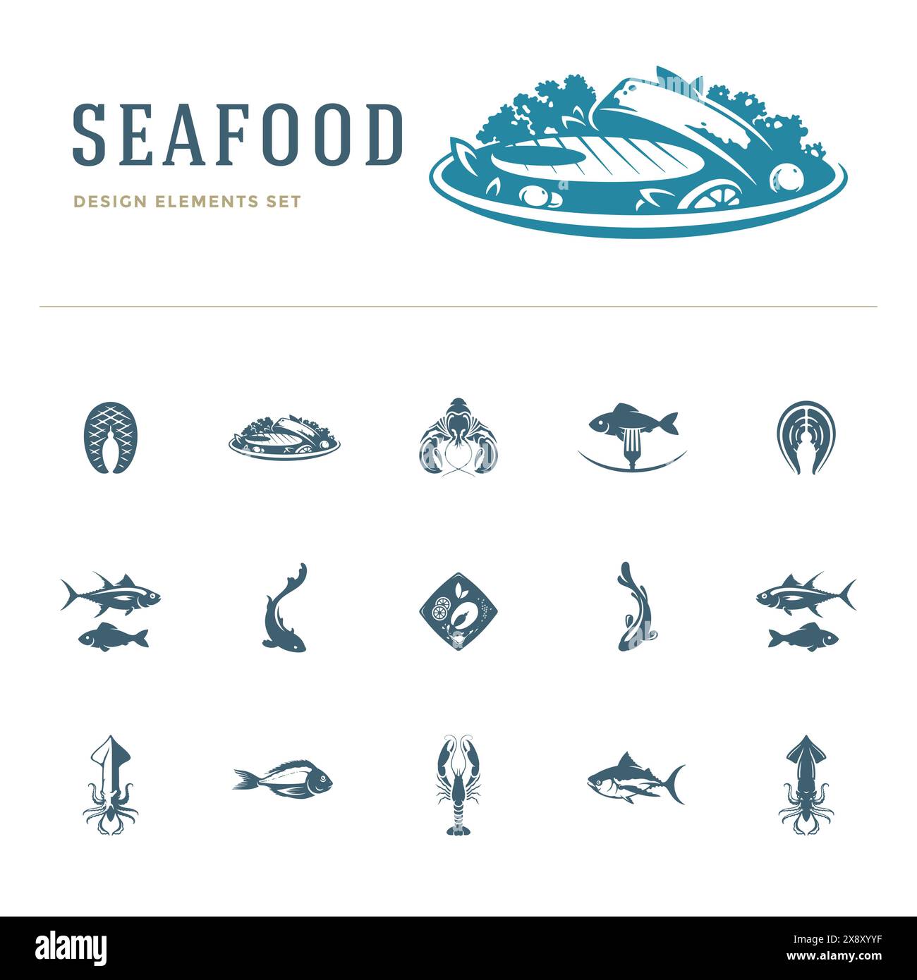 Seafood icons and silhouettes isolated on white set vector illustration ...
