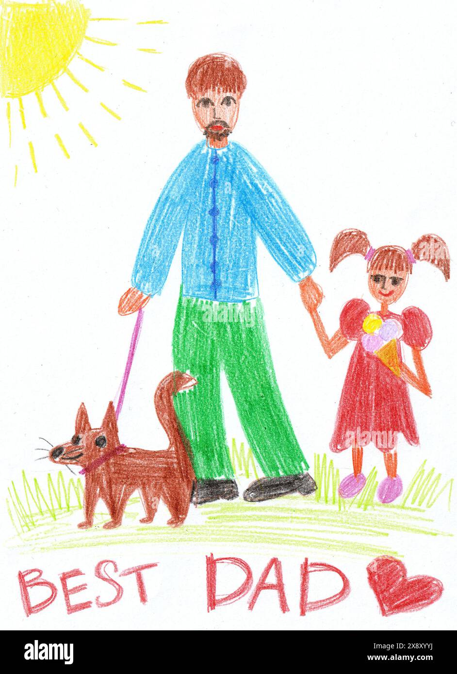 Postcard to the Dad drawn by child. White background. Drawing with ...