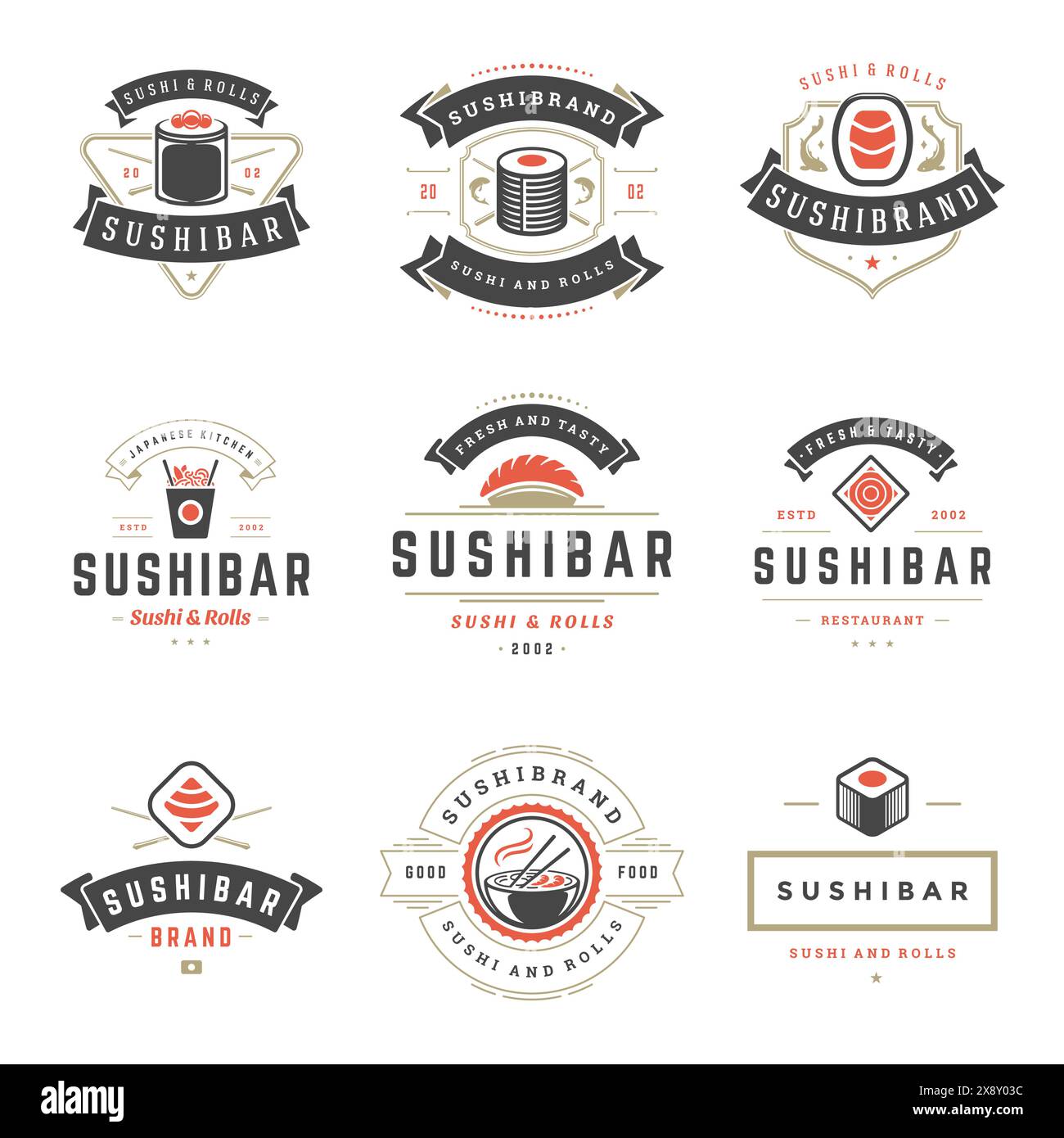 Sushi restaurant logos and badges set japanese food with sushi and ...