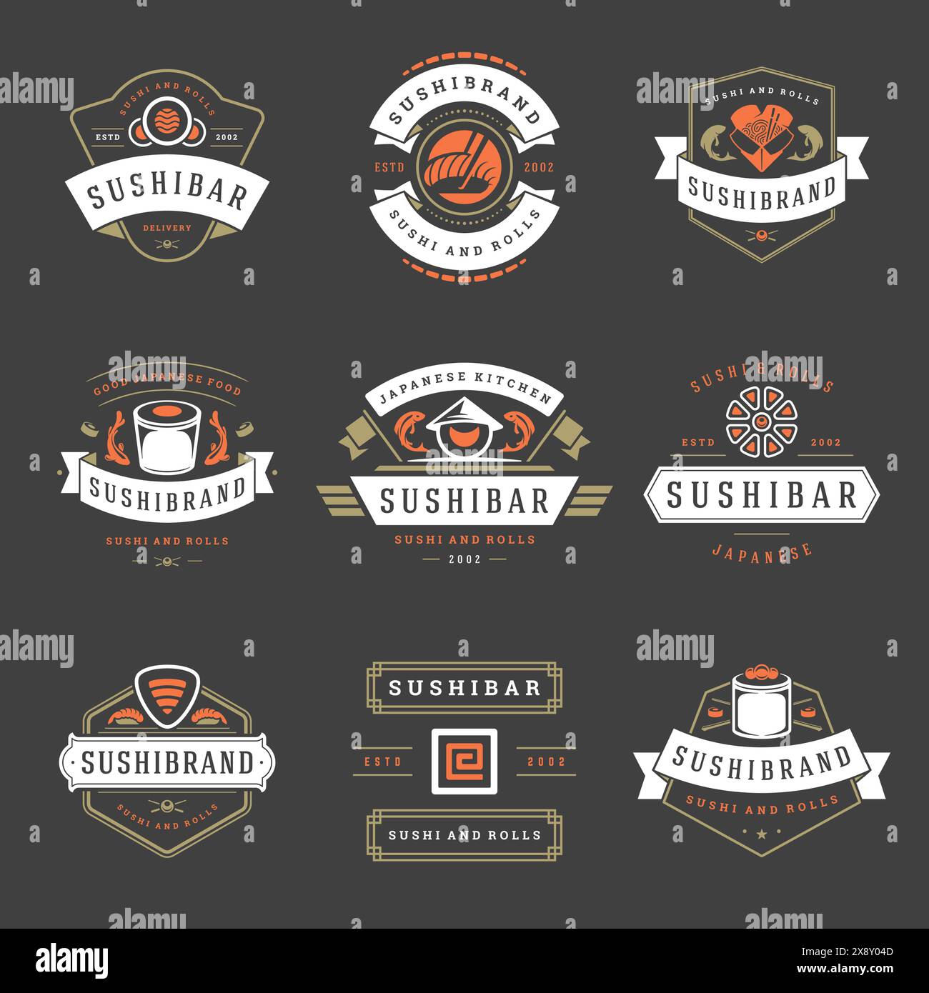 Sushi restaurant logos and badges set japanese food with sushi and ...
