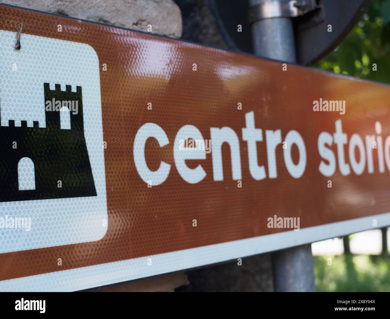 Cremona, Italy - May 15th 2024 Closeup photo of a brown centro storico sign indicating the ...