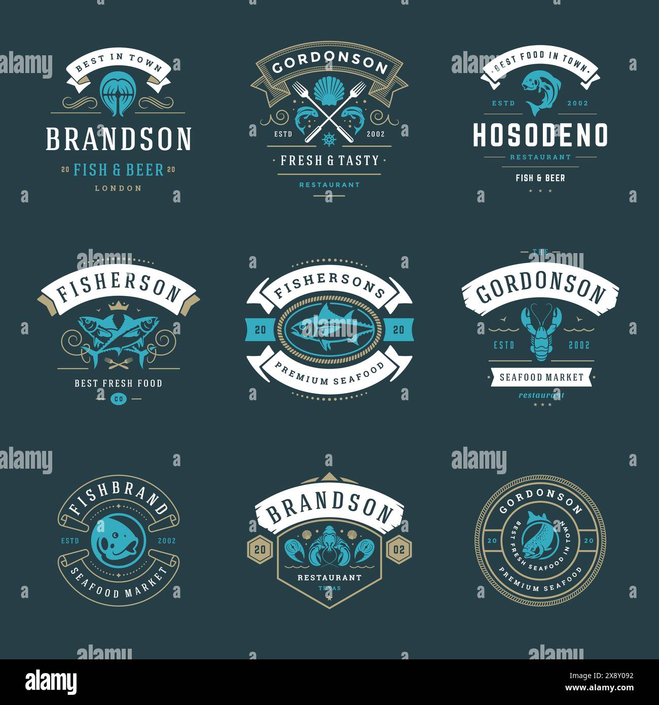 Seafood restaurant logos set vector illustration. Market and fisherman ...