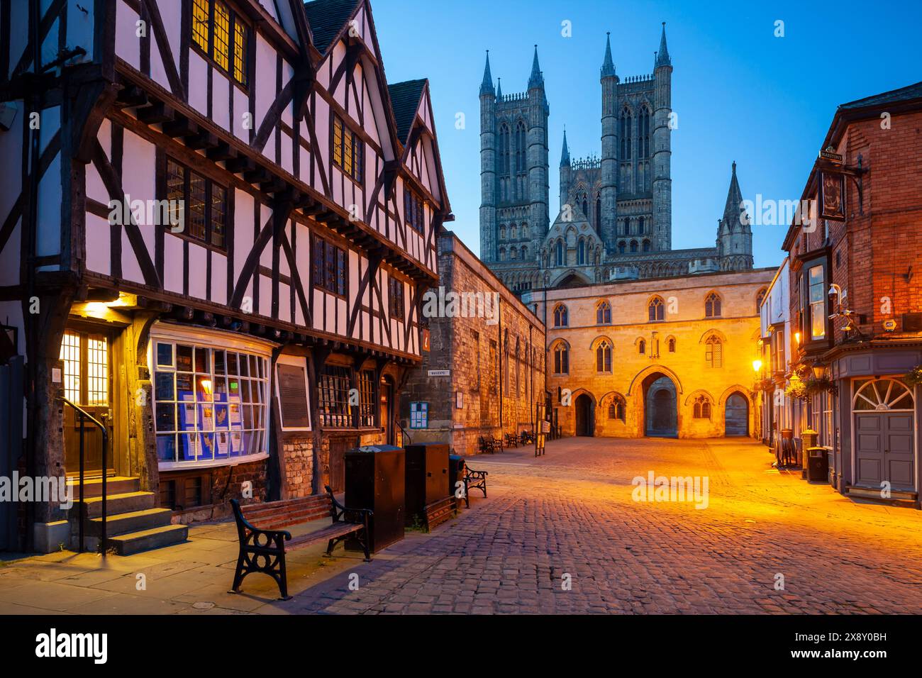 Dawn at Castle Hill in Lincoln, Lincoln Cathedral towers loom in the ...