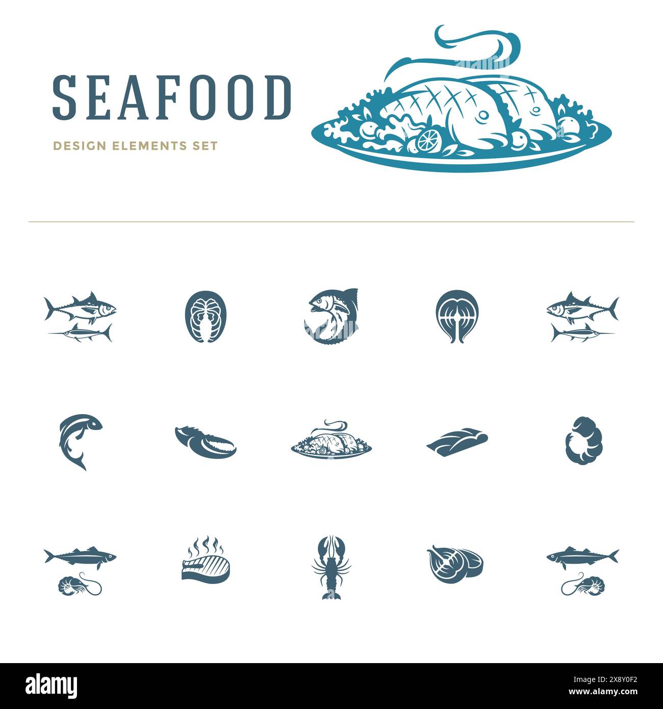 Seafood icons and silhouettes isolated on white set vector illustration ...