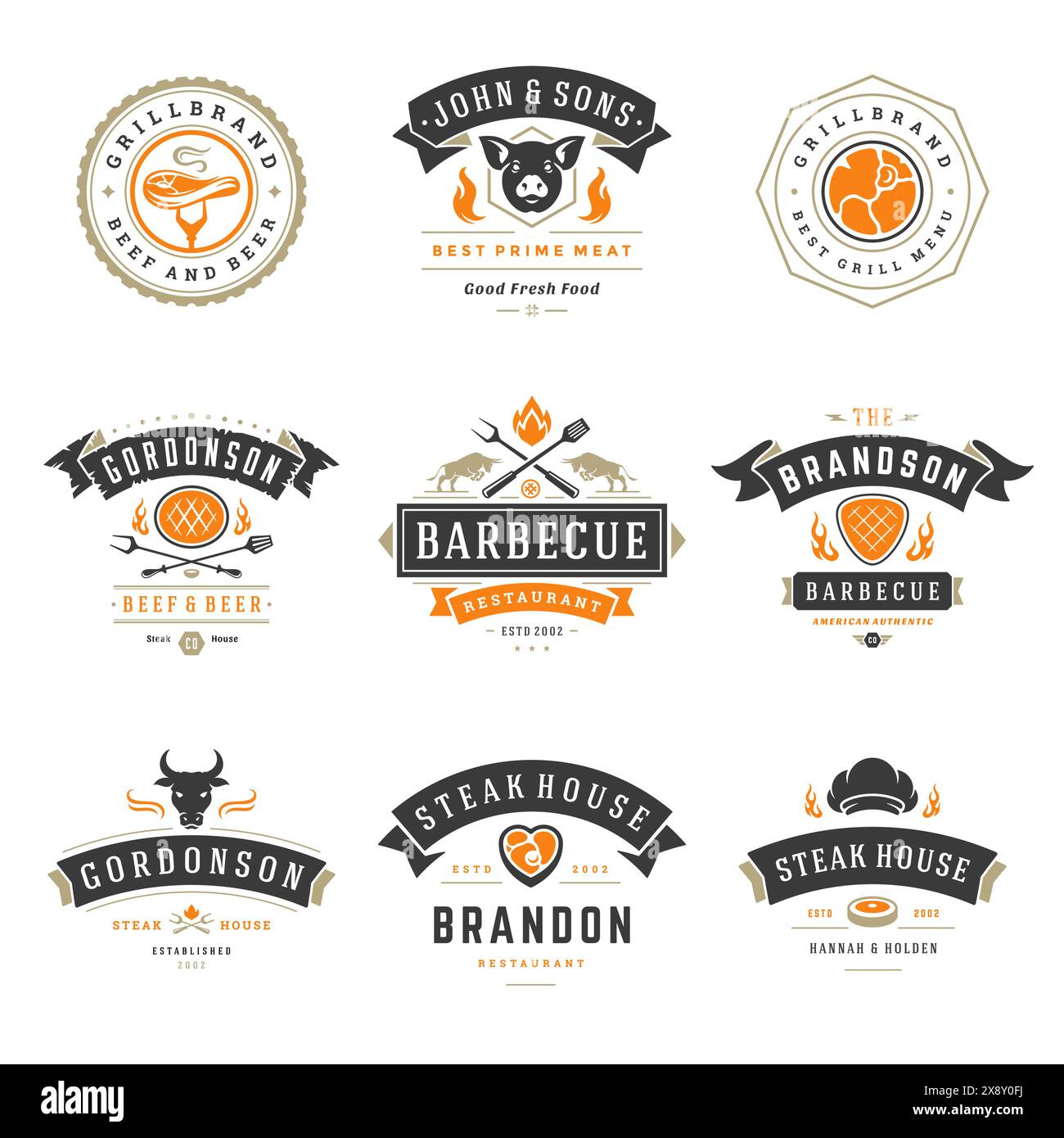 Barbecue restaurant logos and badges set vector illustration. Grill ...