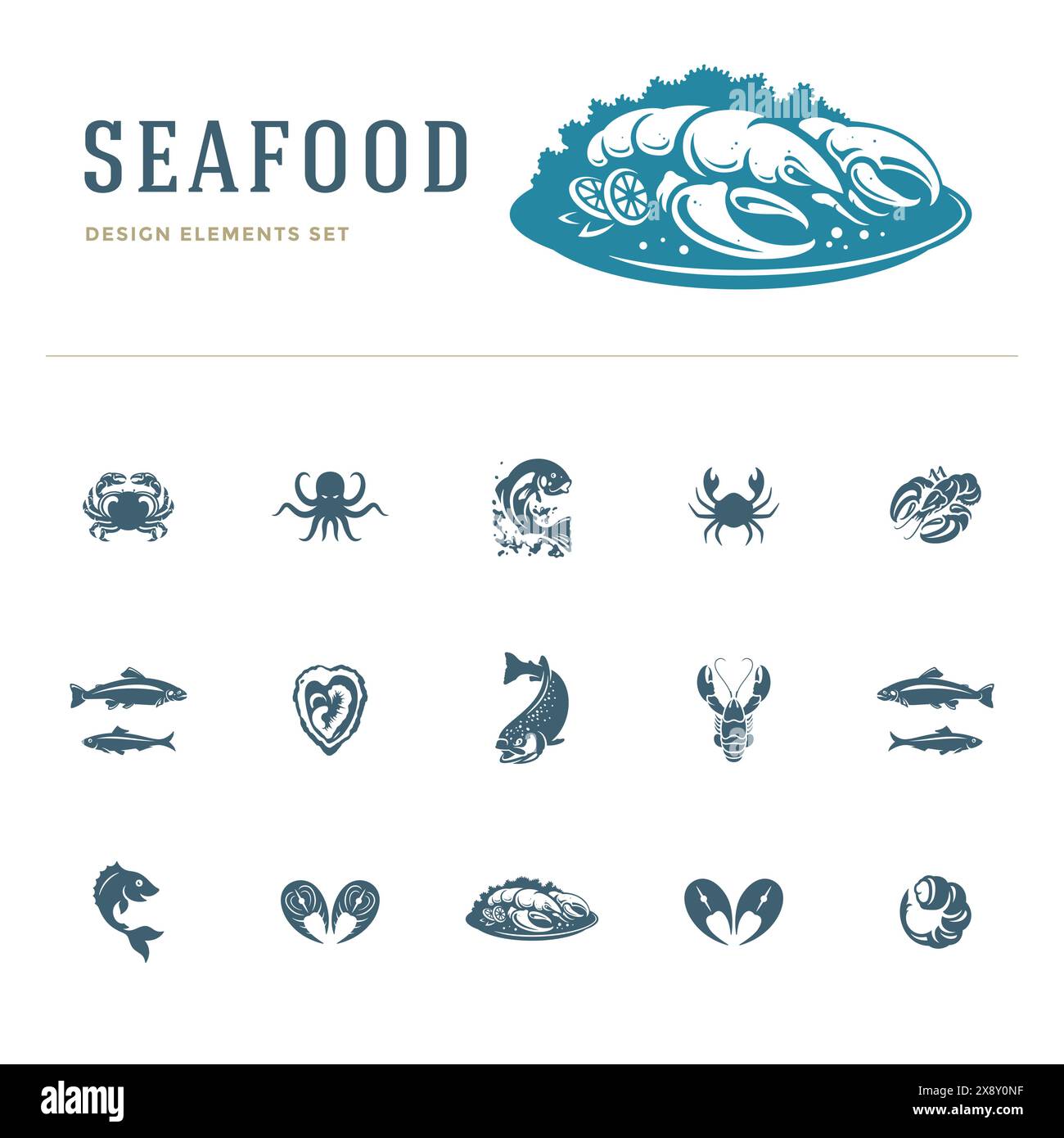 Seafood icons and silhouettes isolated on white set vector illustration ...