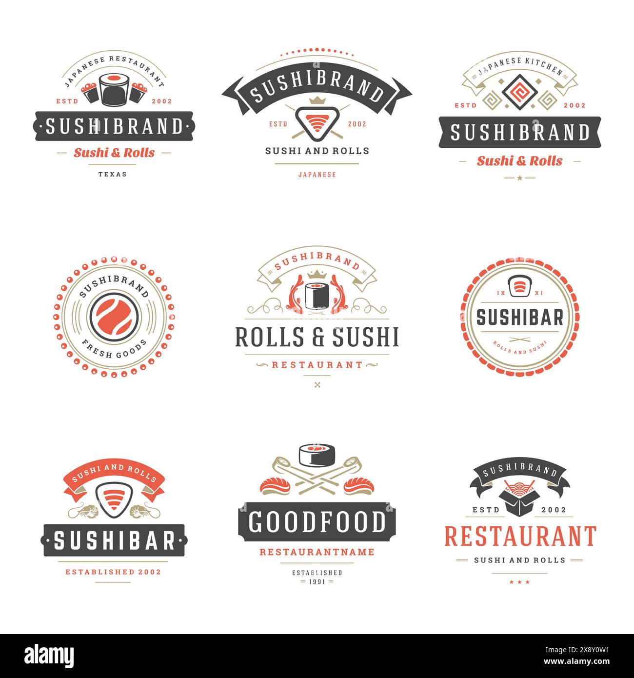 Sushi restaurant logos set vector illustration. Japanese food, sushi ...