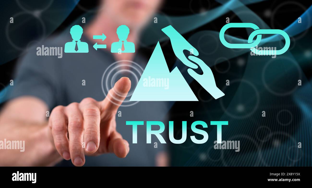 Man touching a trust concept on a touch screen with his finger Stock ...