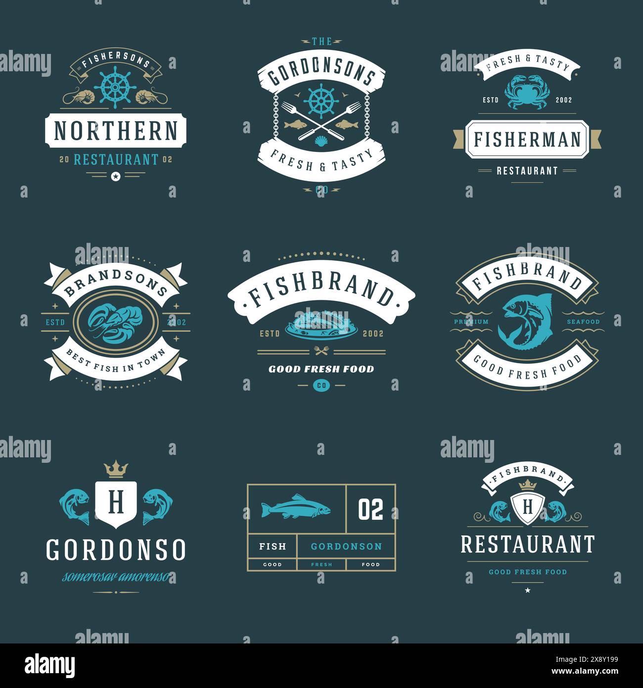 Seafood restaurant logos set vector illustration. Market and fisherman ...