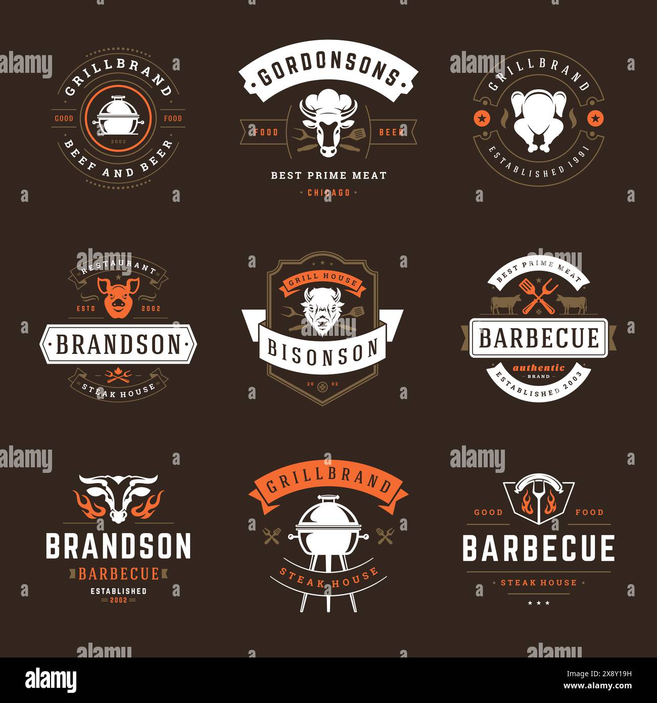 Grill restaurant logos and badges set vector illustration. Barbecue ...