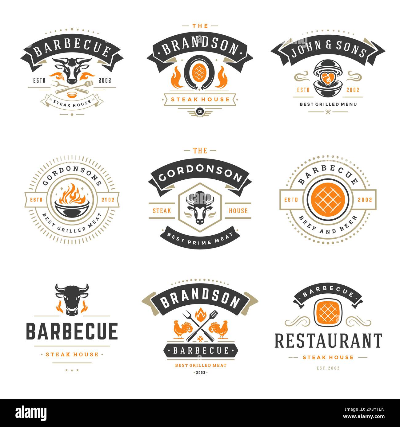 Grill restaurant logos and badges set vector illustration. Barbecue ...