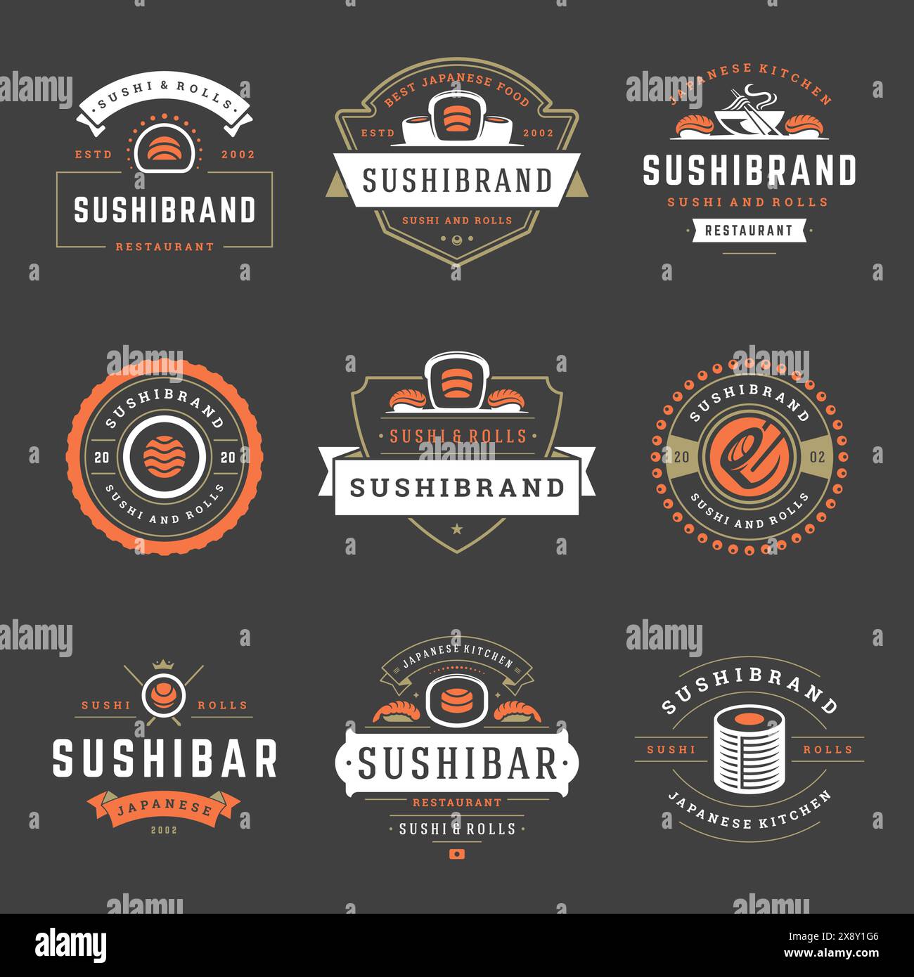 Sushi restaurant logos set vector illustration. Japanese food, sushi ...