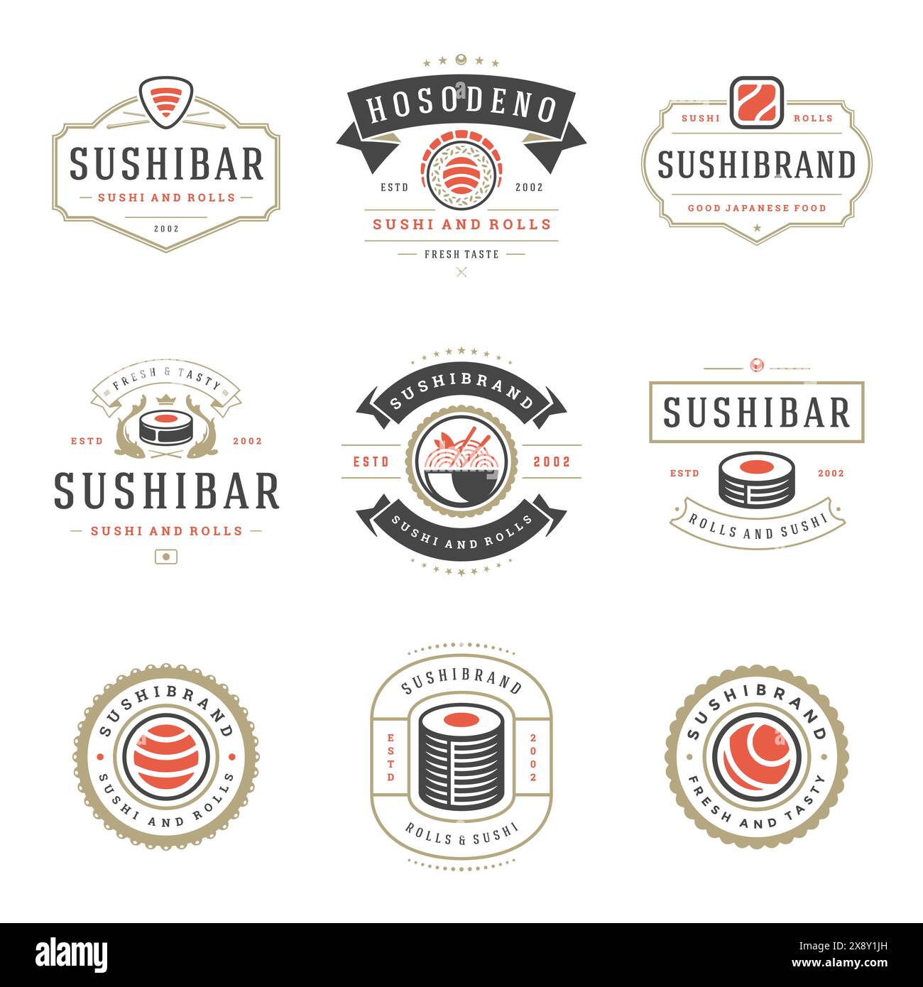 Sushi restaurant logos set vector illustration. Japanese food, sushi ...