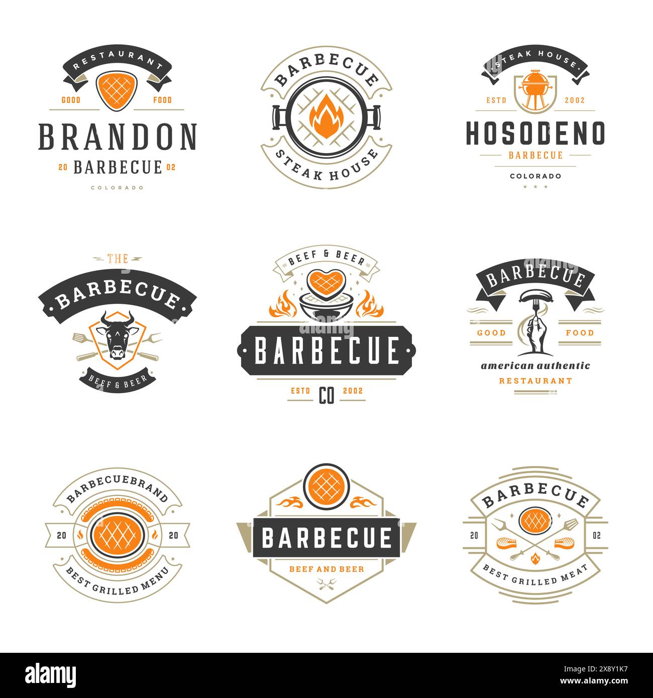 Grill restaurant logos and badges set vector illustration. Barbecue ...
