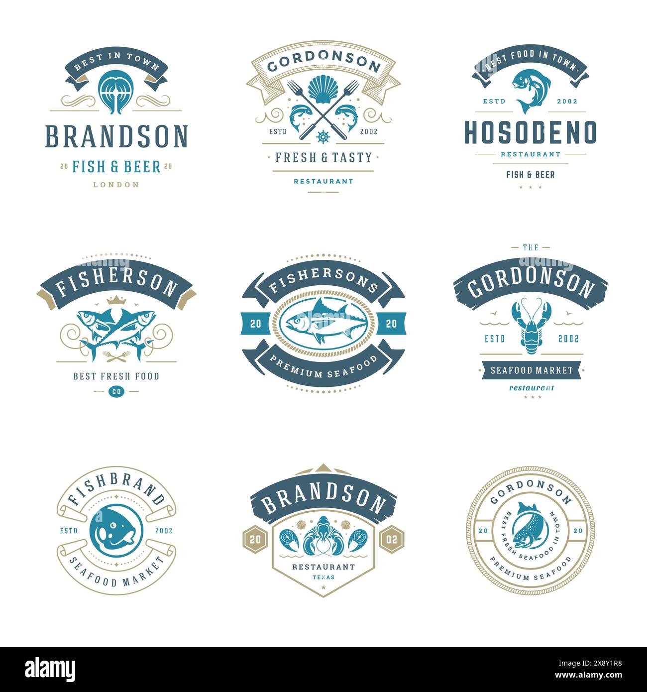 Seafood restaurant logos set vector illustration. Market and fisherman ...