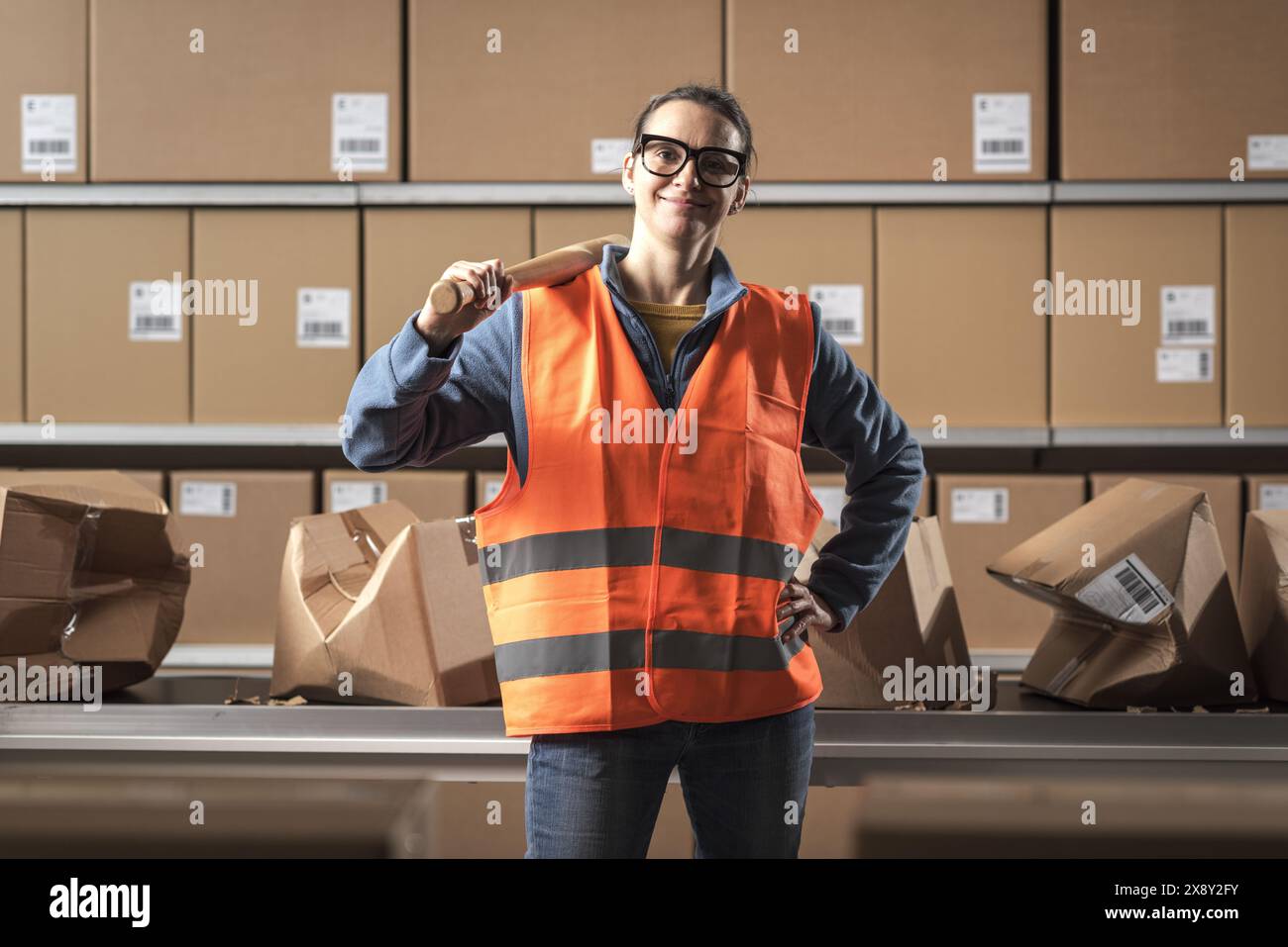 Confident smiling rebellious worker posing with a baseball bat at the ...