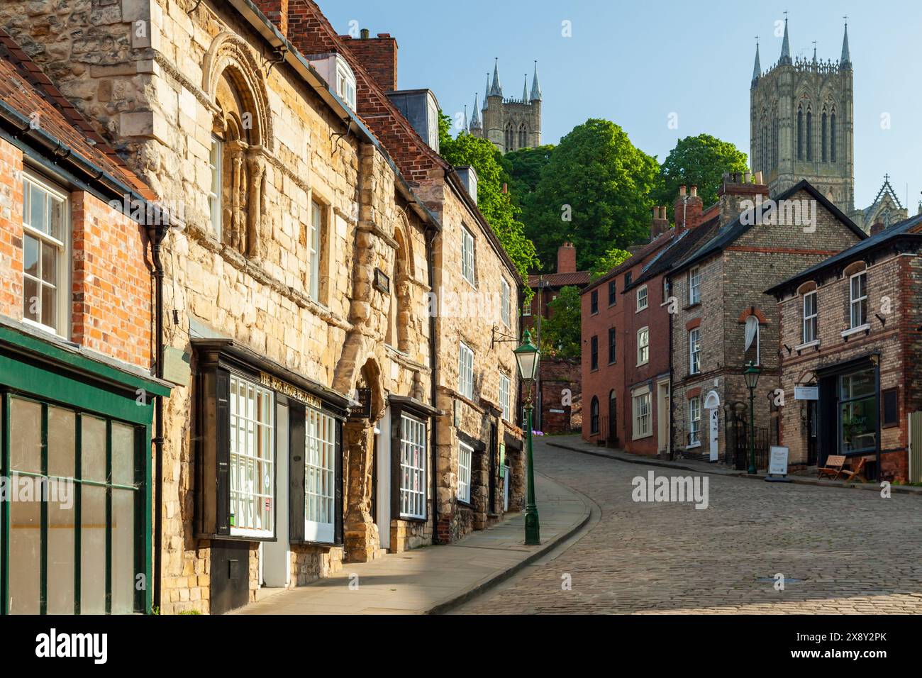 Spring morning on Steep Hill in Lincoln, England. Lincoln cathedral ...
