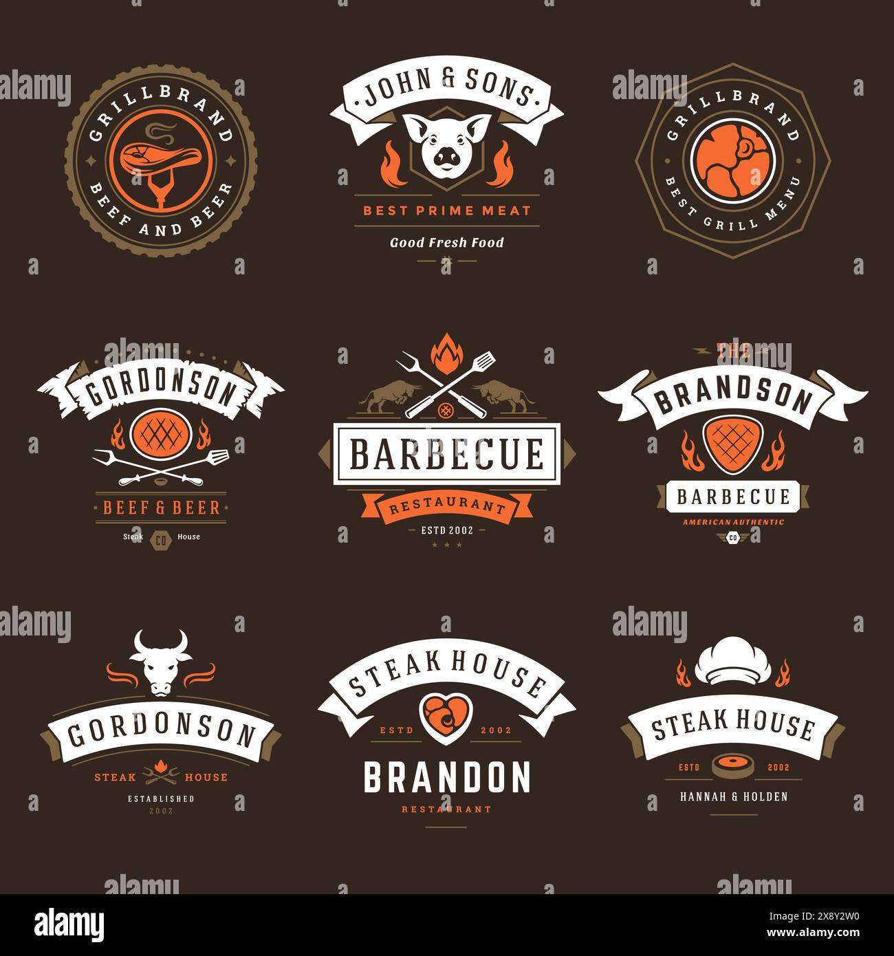Barbecue restaurant logos and badges set vector illustration. Grill ...