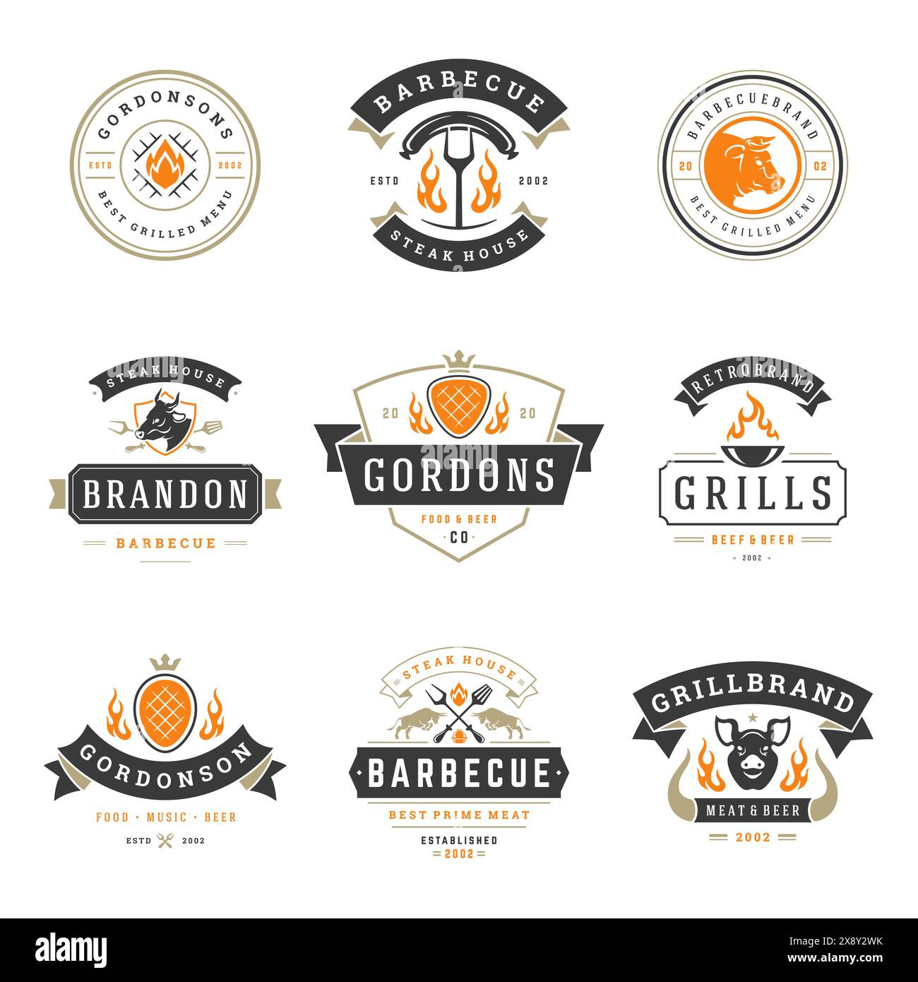 Grill restaurant logos and badges set vector illustration. Barbecue ...