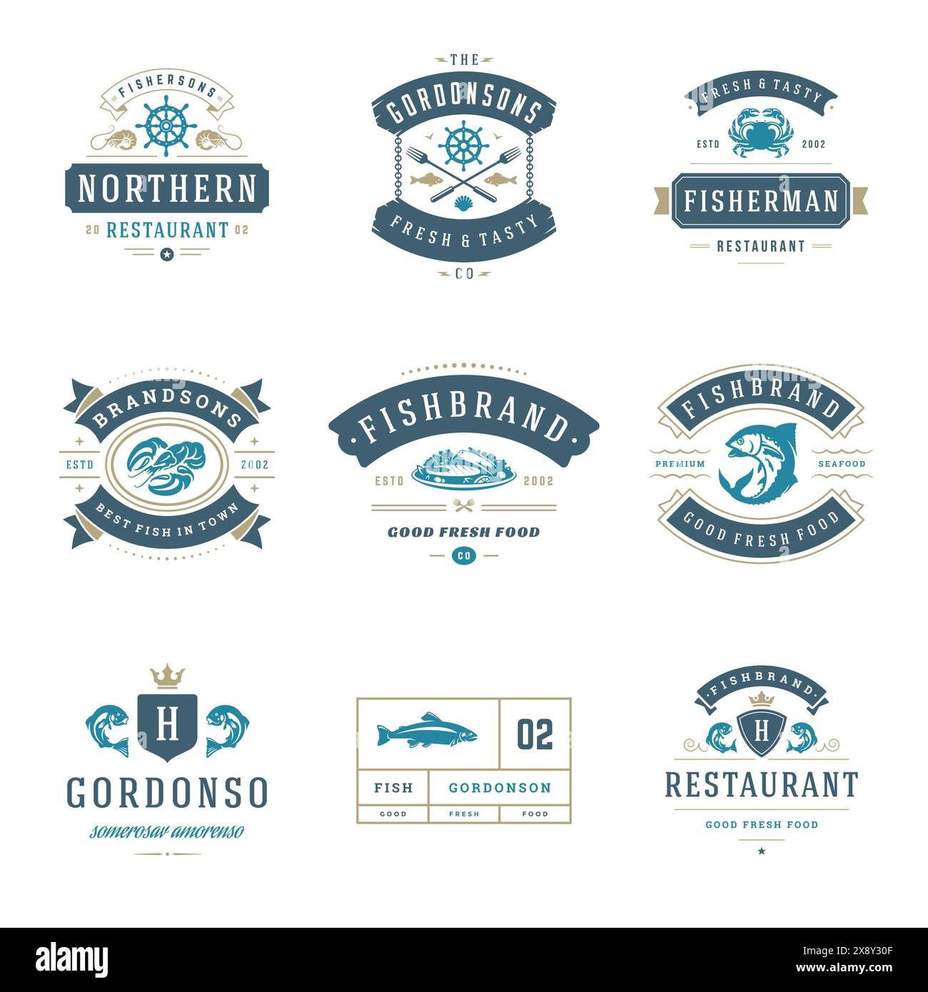 Seafood restaurant logos set vector illustration. Market and fisherman ...