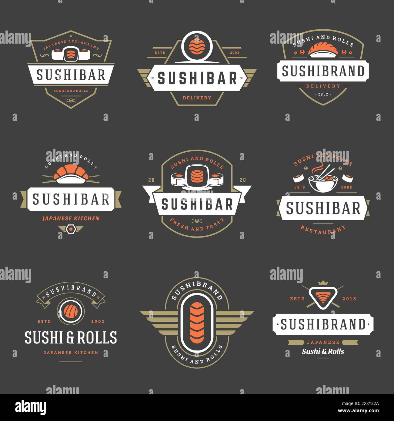 Sushi restaurant logos set vector illustration. Japanese food, sushi ...