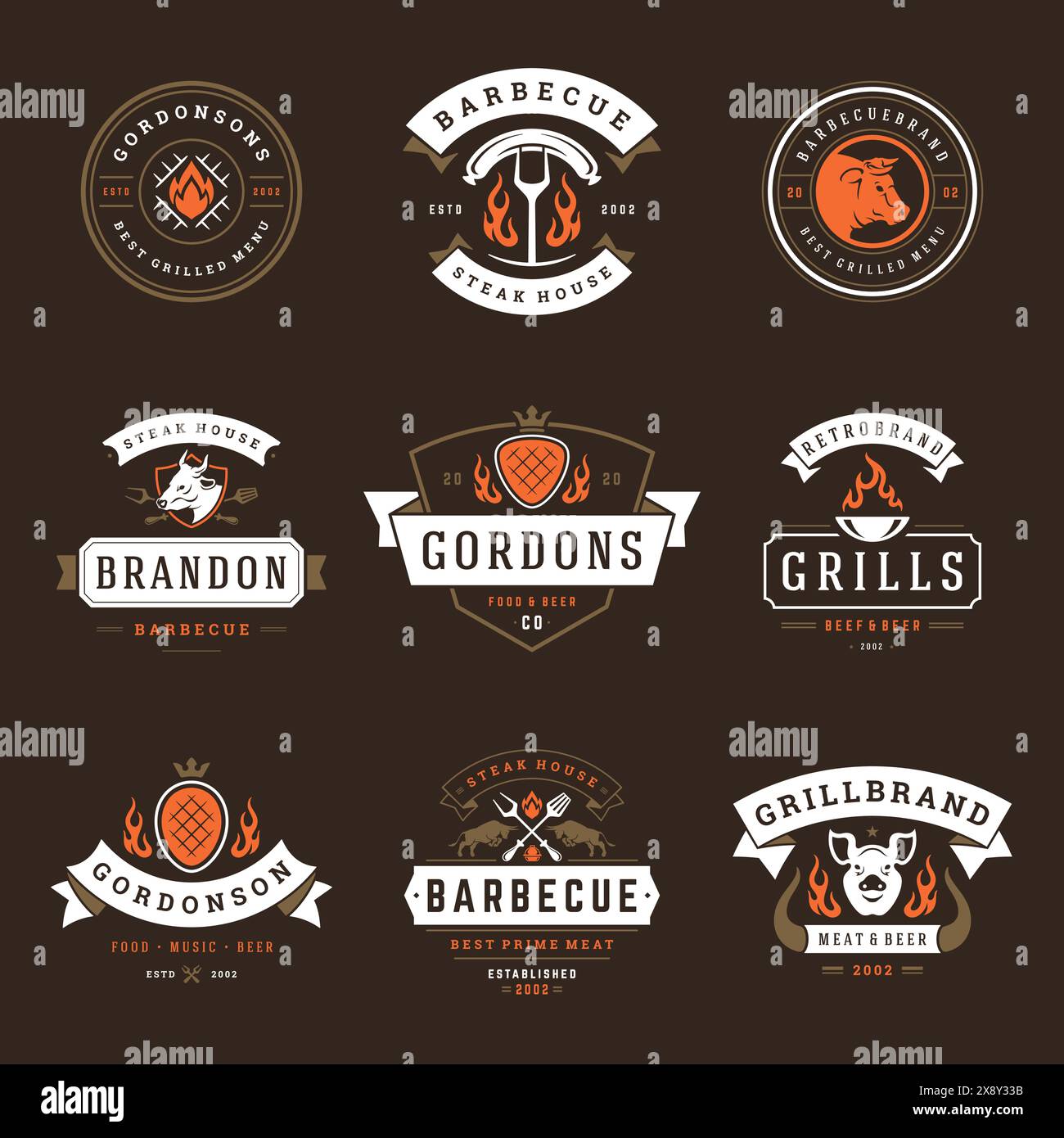 Grill restaurant logos and badges set vector illustration. Barbecue ...