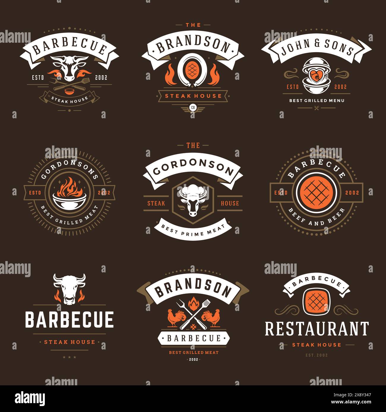 Grill restaurant logos and badges set vector illustration. Barbecue ...