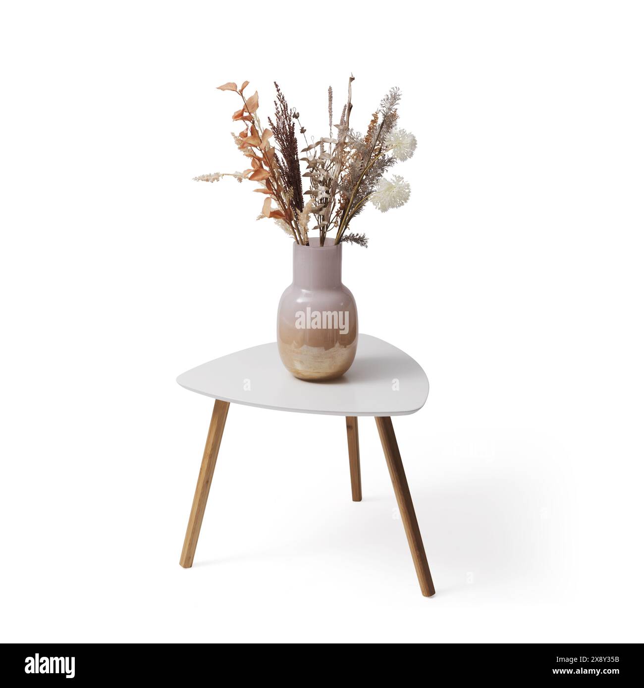 Small decorative table with flower pot and dried flowers, isolated on ...