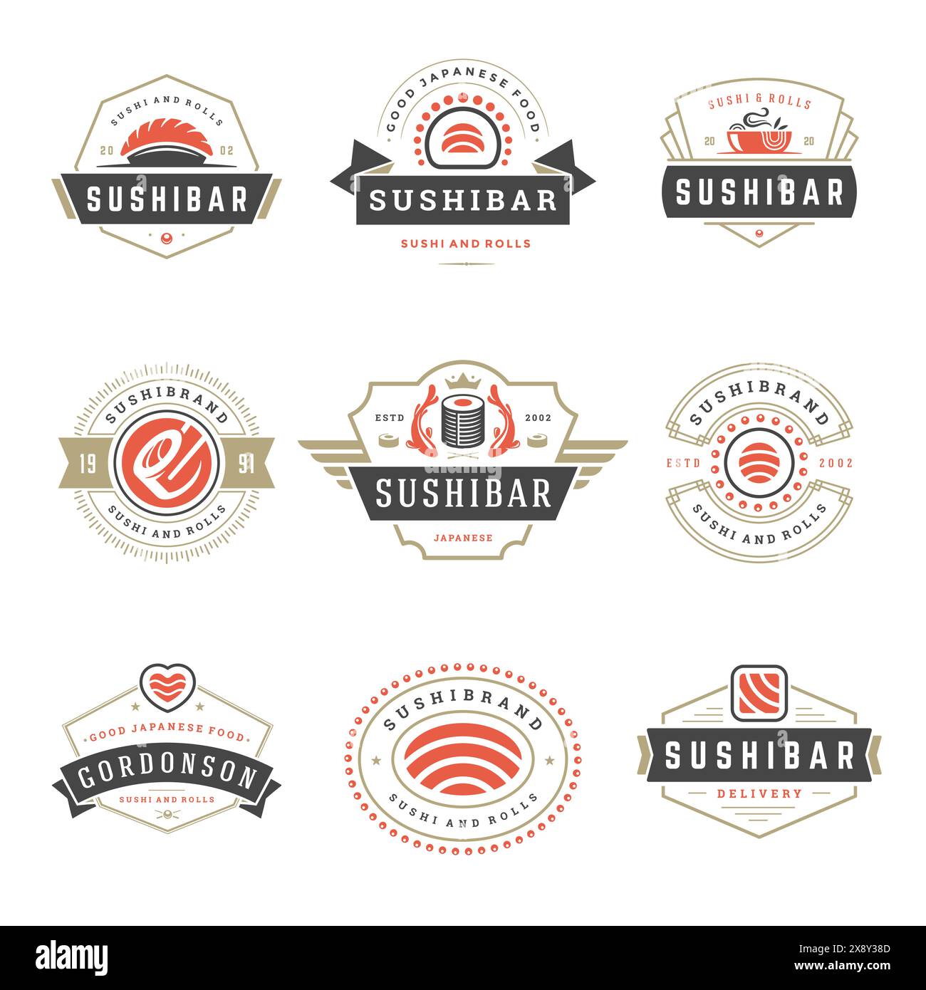 Sushi restaurant logos set vector illustration. Japanese food, sushi ...