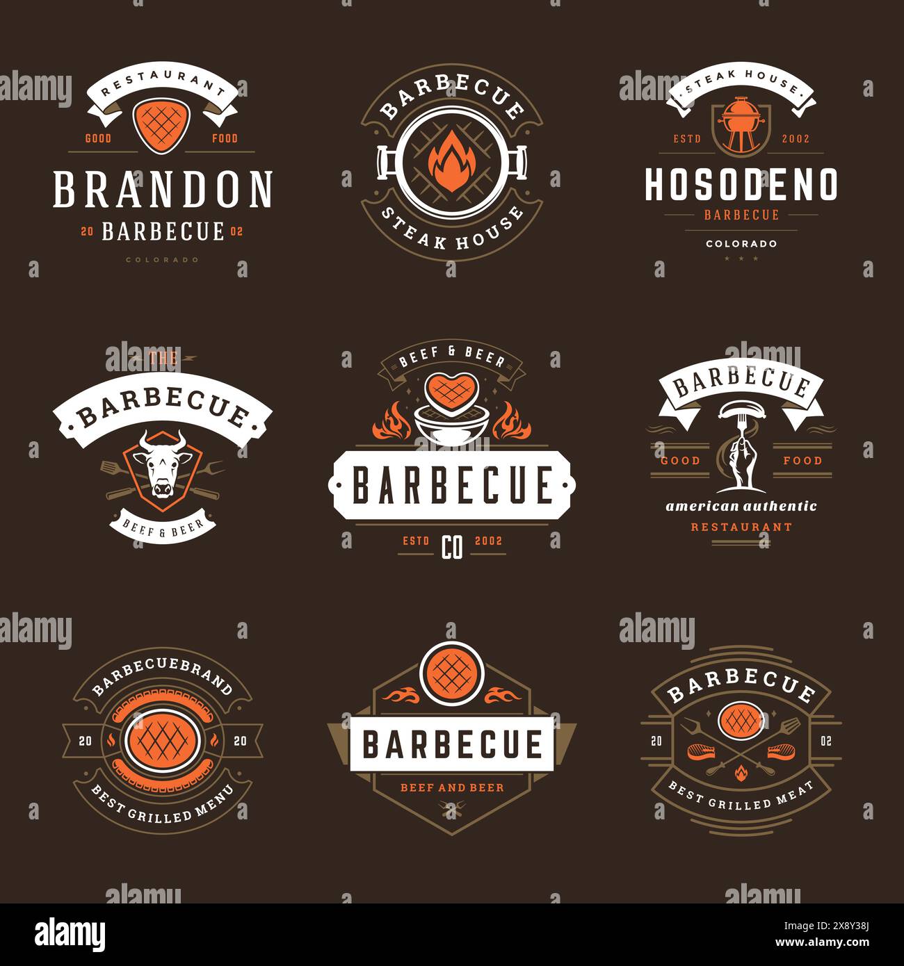 Grill restaurant logos and badges set vector illustration. Barbecue ...