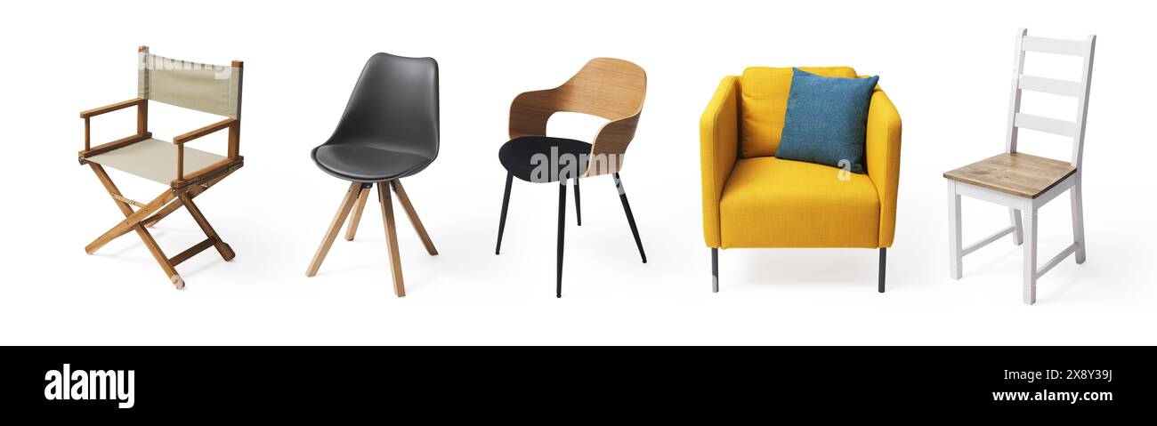 Collection of various chairs and armchair, isolated on white background ...