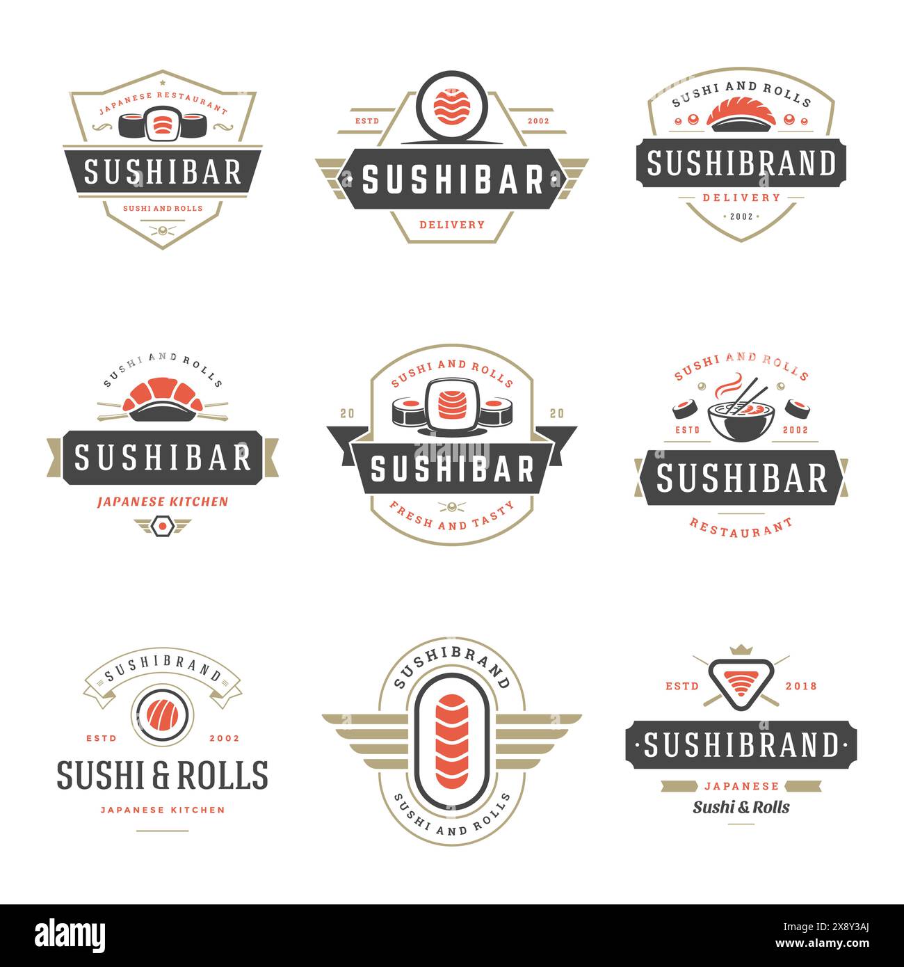 Sushi restaurant logos set vector illustration. Japanese food, sushi ...