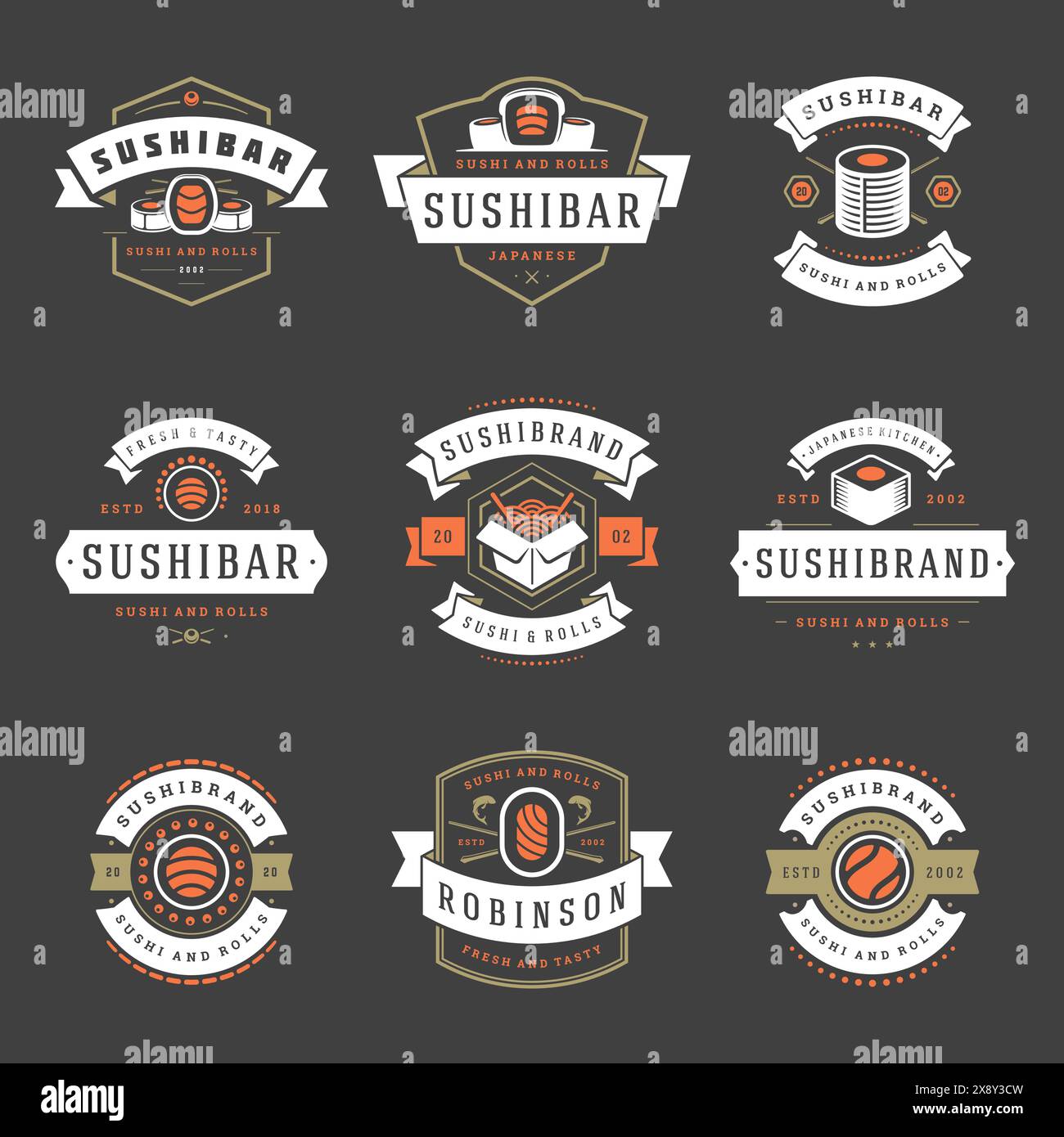 Sushi restaurant logos set vector illustration. Japanese food, sushi ...