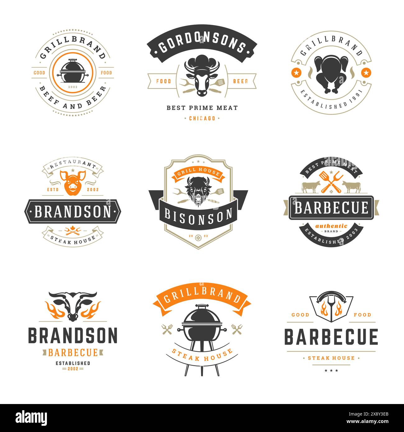 Grill restaurant logos and badges set vector illustration. Barbecue ...